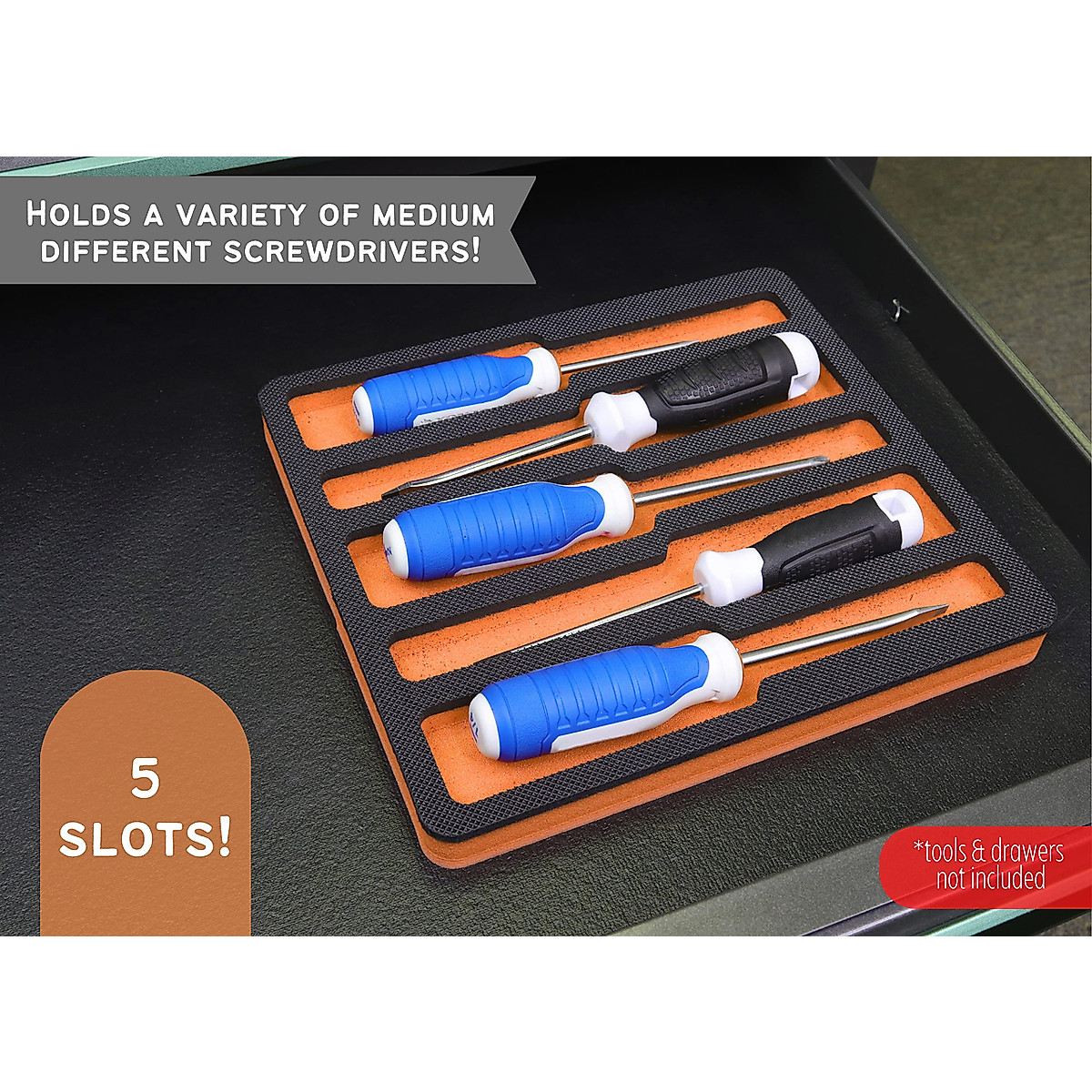 Polar Whale Tool Drawer Organizer Screwdriver Holder Insert Orange Black Durable Foam Tray Holds 5 Drivers Up To 10 Inches Fits Craftsman Husky Kobalt Milwaukee Many Others