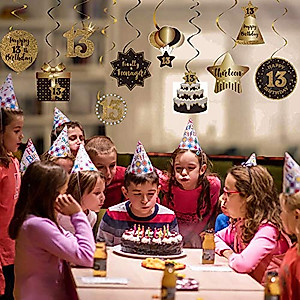 Happy 13th Birthday Party Hanging Swirls Streams Ceiling Decorations, Celebration 13 Foil Hanging Swirls with Cutouts for 13 Years Old Black and Gold Birthday Party Decorations Supplies