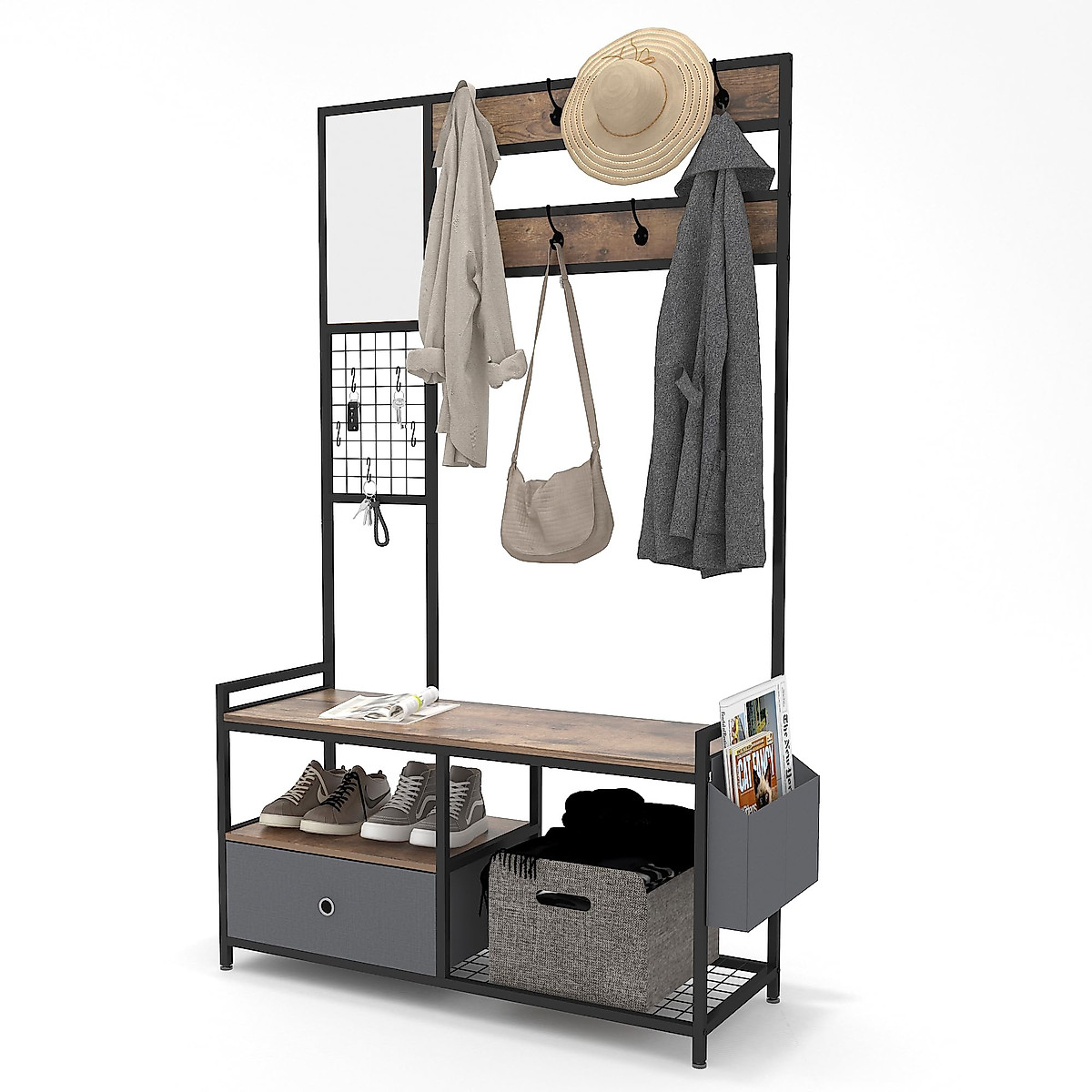 NAIYUFA Entryway Hall Tree with Drawer,Coat Rack with Mirror,Vintage Industrial Hall Tree with Shoe Bench,5-in-1 Storage Rack with 8 Hooks and Grid Panel