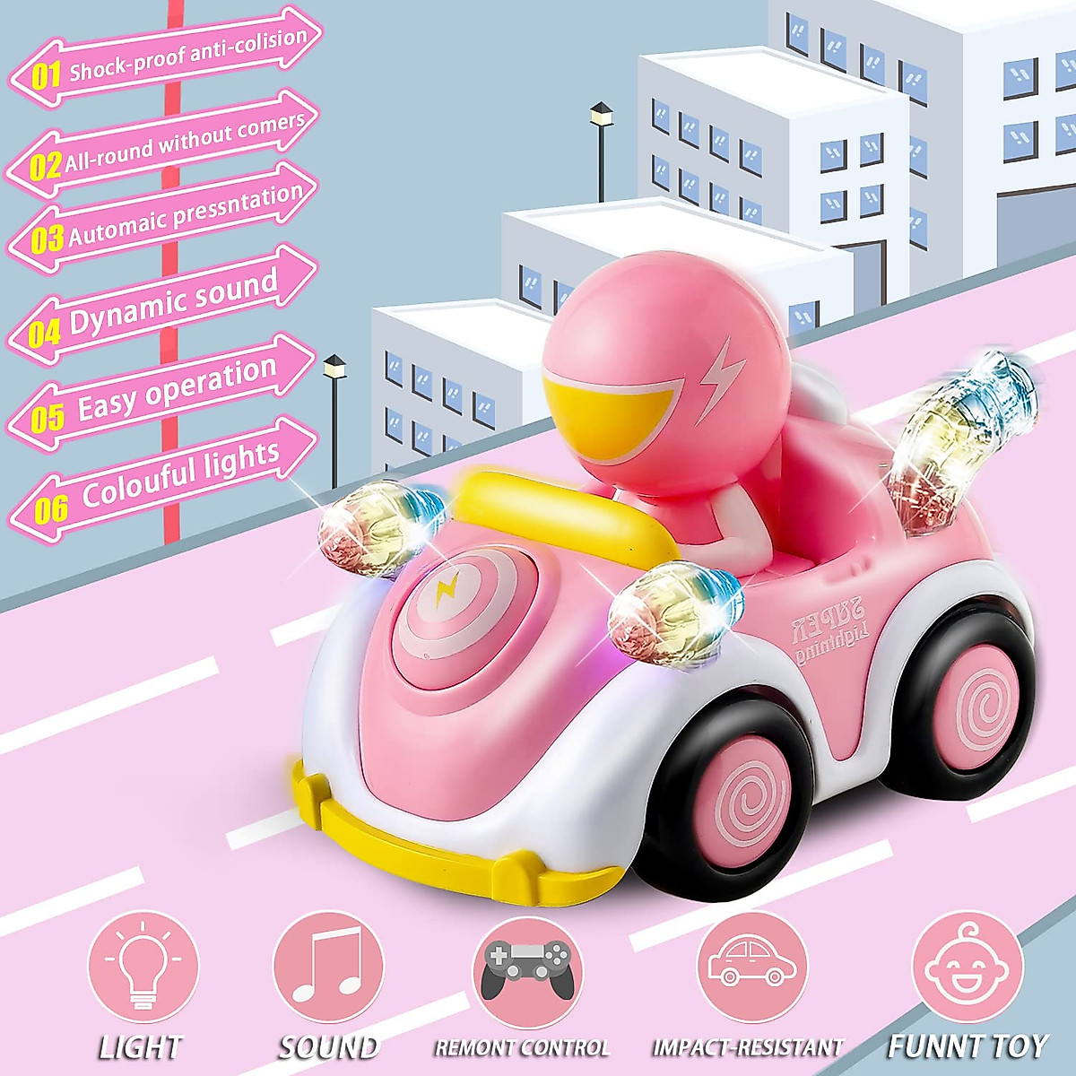 NQD Remote Control Cartoon Car for Toddlers with Music and Lights, 2.4GHz Radio Control RC Race Car, Educational Learning Toys for 3 4 5 6 Years Old Kids(Pink)