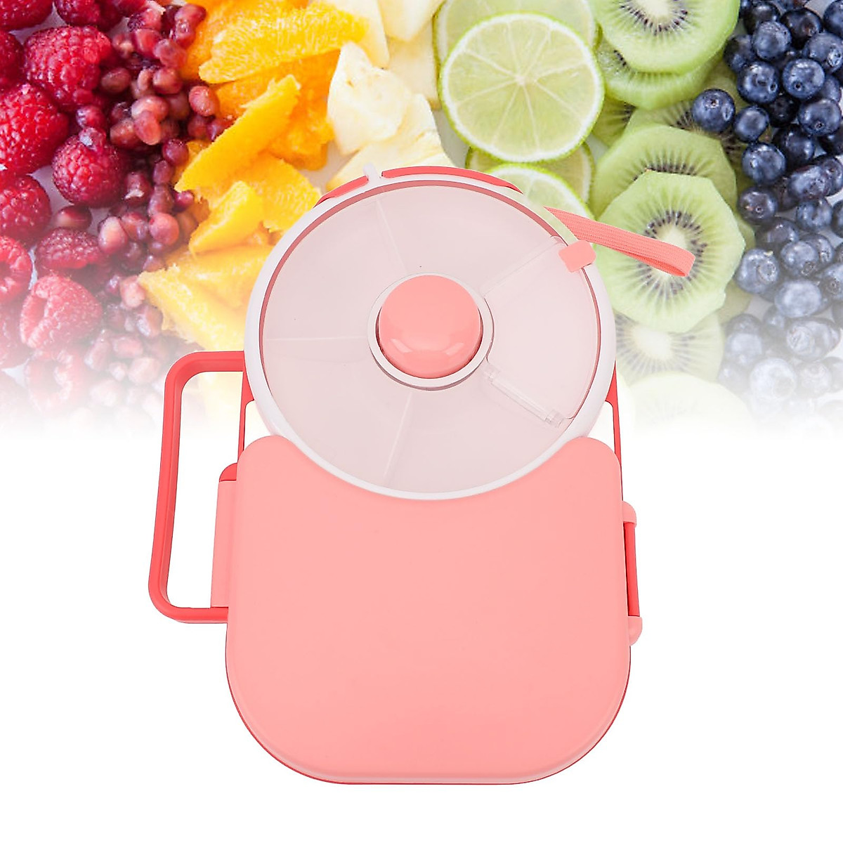 Snack Rotating Divider, Pinkish Fruit Spinner Organizer with Lid, Portable Livmo Snack Tray for Home Office Kids Lunch