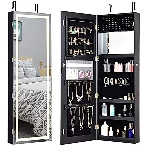 Giantex Jewelry Cabinet Armoire Door Wall Mount, 47.2in Lockable Touch Screen Lighted Full Length Mirror, 3 Lighting Settings, Inside Makeup Mirror, Jewelry Storage Box Organizer (Black)