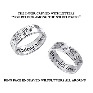LOVECOM Wildflowers Rings 925 Sterling Silver Floral Rings for Women Bohemian Delicate You Belong Among the Wildflowers Ring Floral Daisy Ring Summer Spring Flower Finger Wedding Bands Jewelry Gifts