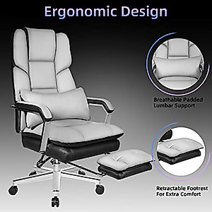 SeekFancy Reclining Office Chair with Footrest, Big and Tall Office Chair 500lbs Wide Seat with 170°Backrest, High Back Leather Managerial Chair Lumbar Support，Grey Executive Office Chair Set of 8