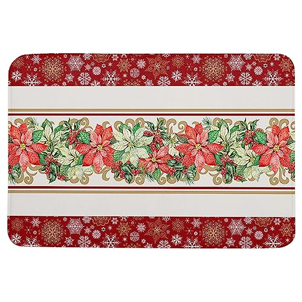 Poinsettia 1 Piece Water Absorbent Door Mat Anti-Skid Memory Foam Cushioned Rug Comfort Standing Floor Mat for Office Home Bathroom Kitchen 16x24 Inch Christmas Snowflakes Red Brown Stripes