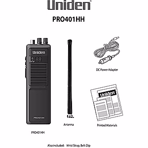 Uniden PRO401HH Professional Series 40 Channel Handheld CB Radio, 4 Watts Power with Hi/Low Power Switch, Auto noise cancellation, Belt Clip And Strap Included, 2.75in. x 4.33in. x 8.66in.