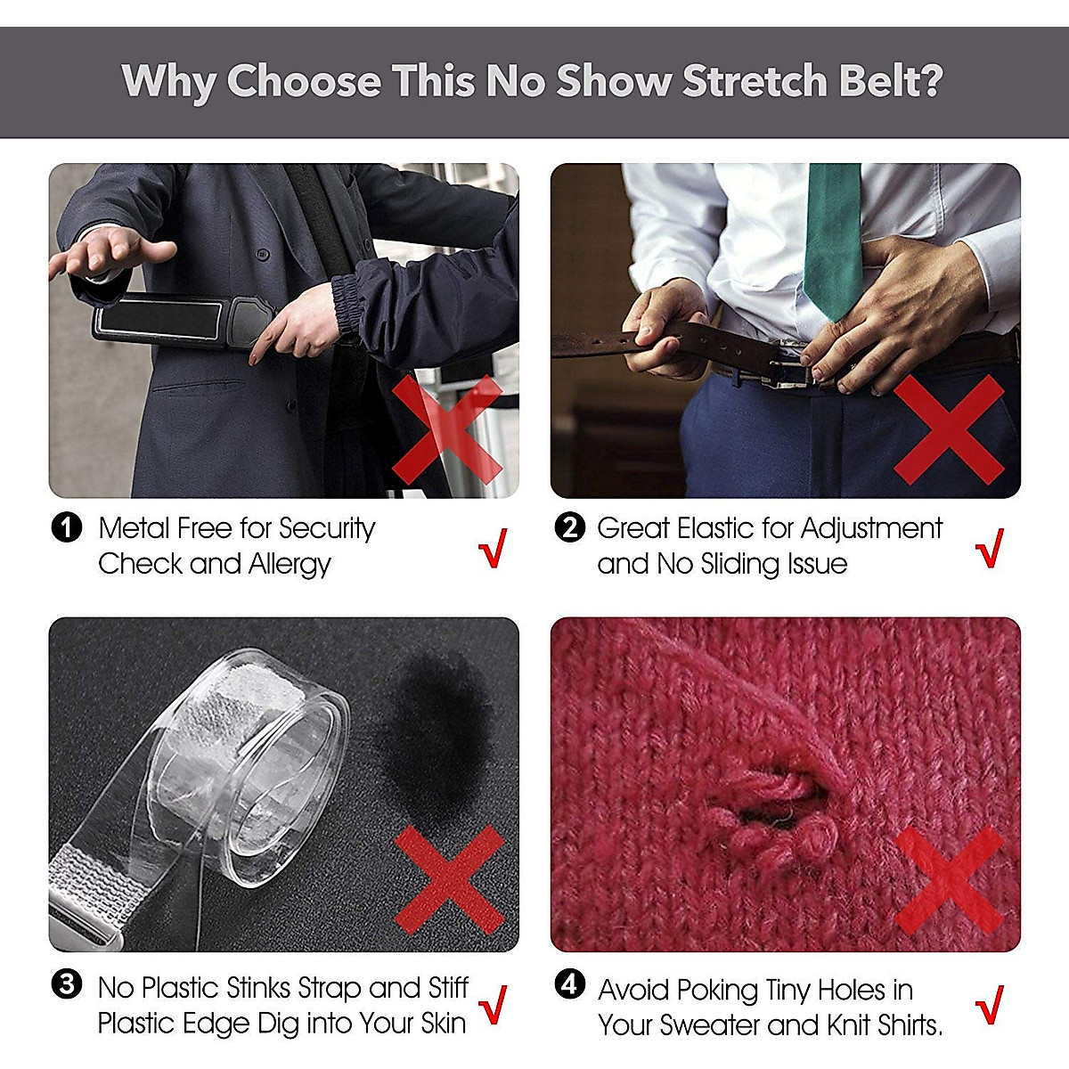 JASGOOD 4 Pack Invisible Women Stretch Belt No Show Elastic Web Strap Belt with Flat Buckle for Jeans Pants Dresses