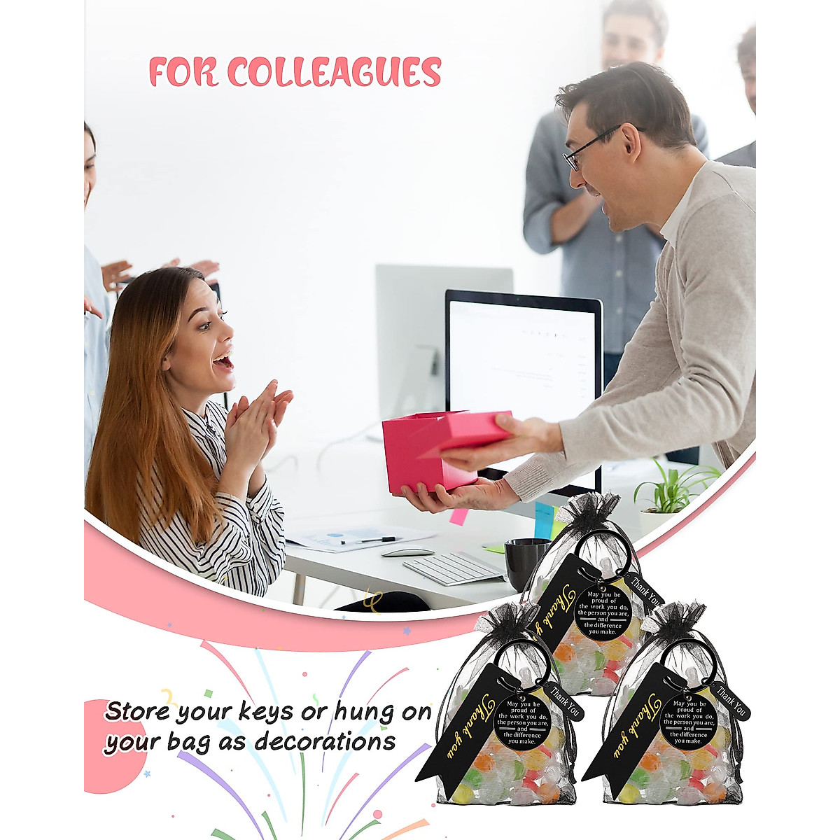 Yinkin 300 Pcs Christmas Employee Thank You Gifts Bulk Gifts for Coworkers Include 100 Inspirational Employee Appreciation Keychain Gifts 100 Organza Bags 100 Cards for Teacher Nurse Team(Black)