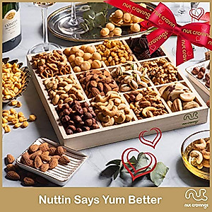 Easter Mixed Nuts Gift Basket in Reusable Wooden Tray + Heart Ribbon (12 Assortments) Gourmet Food Bouquet Arrangement Platter, Birthday Care Package, Healthy Kosher Snack Box, Adults Men Women
