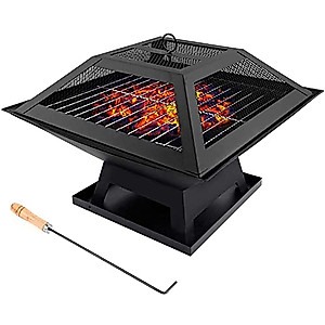 Magshion 2in1 18.5in Small Steel Wood Burning Fire Pit with Cooking Grate Square BBQ Grill Brazier Firepit Fire Bowl Fire Poker Backyard Patio Camping