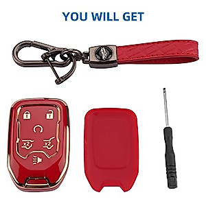 Jimtyee for GMC Key Fob Cover with Leather Lanyard Keychain Key Fob Case Shell Protection for Chevy Silverado Tahoe Suburban GMC Sierra Yukon Smart Remote Key Protector(Red)