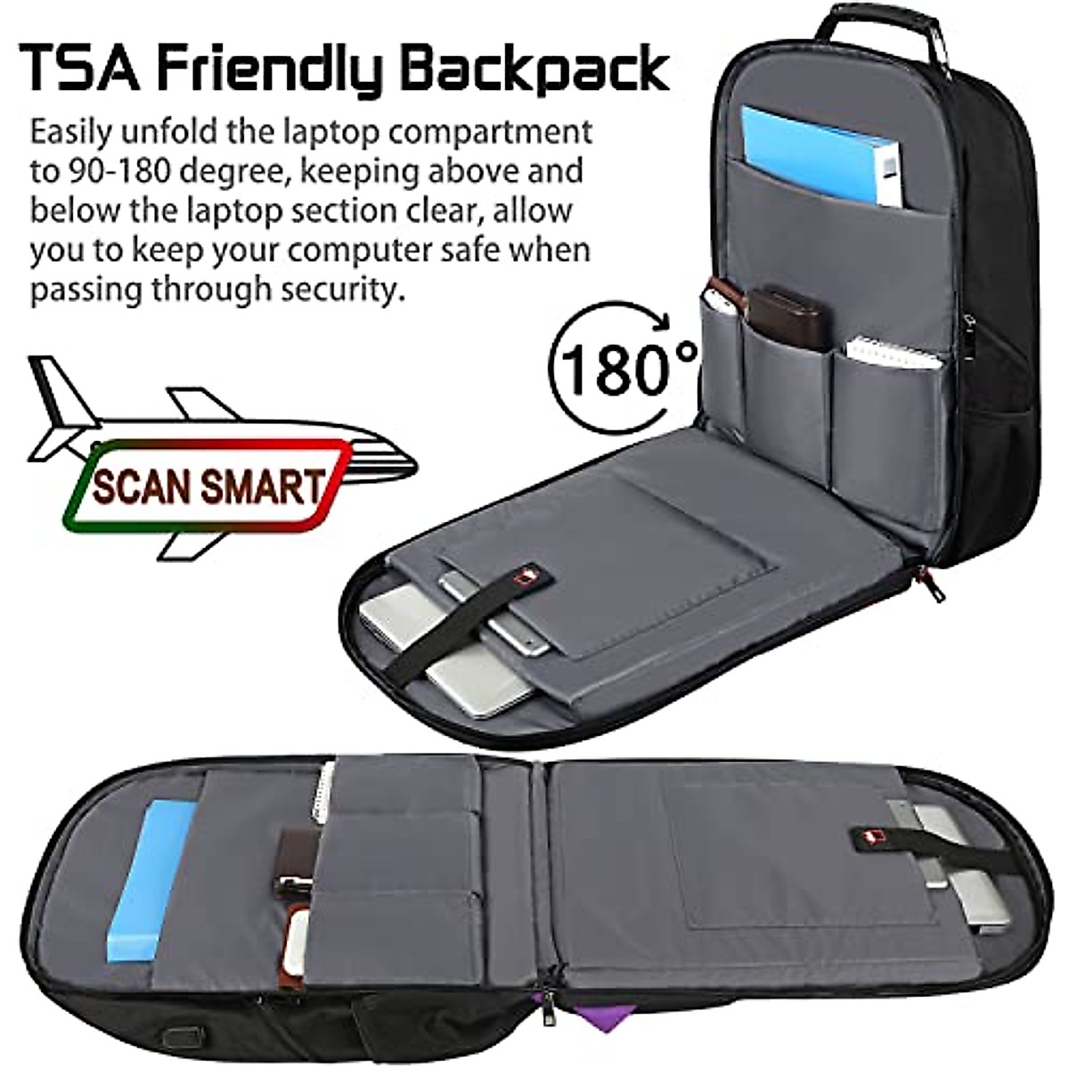 18.4 inch Travel Backpack Men Women, 55-60L Extra Large Laptop Backpack RFID Anti Theft TSA Friendly Flight Approved Backpacks, Water Resistant College School Heavy Duty With USB Charging Port, Purple