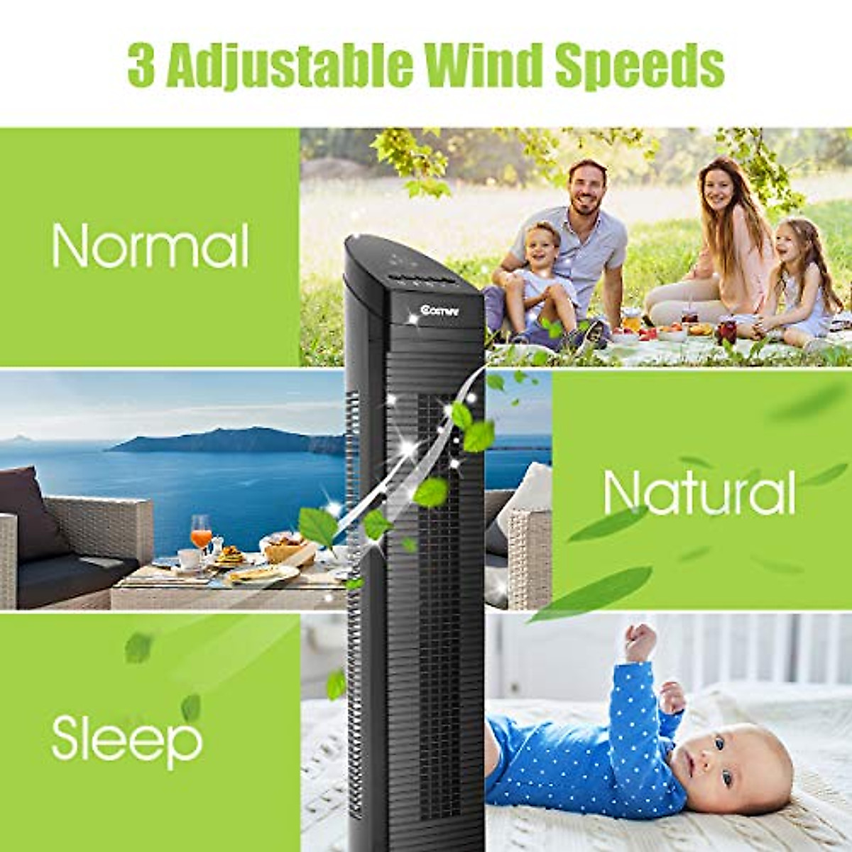 COSTWAY Tower Fan, 3-Speed Portable Oscillating Fan, Digital Control/w Remote Control, 9-Hour Timer, LCD Display, Oscillating Tower Fan (35-Inch)