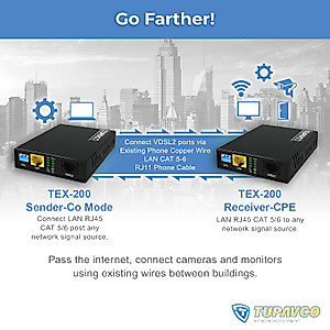 Ethernet Extender Kit Tupavco TEX-200 - Cable Extension up to 5000ft Over Phone Line or CAT5/6 Twisted Copper Wire (300Mbps Max Bandwidth) Single Cord LAN up to Mile Distance (Plug & Play 8 Profiles)
