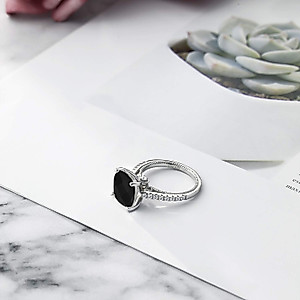 Gem Stone King 925 Sterling Silver Black Onyx and White Created Sapphire Engagement Ring For Women (4.07 Cttw, Cushion Checkerboard Cut 10MM, Gemstone Birthstone, Available In Size 5, 6, 7, 8, 9)