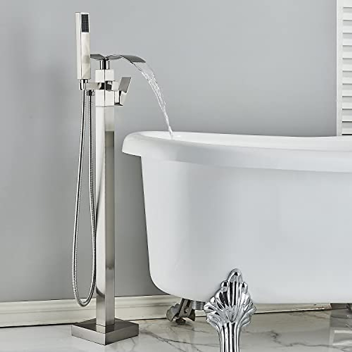 Senlesen Barthroom Tub Filler Faucet Floor Mounted Bathtub Shower Faucet Waterfall Spout Free Standing Tub Mixer Tap with Handheld Sprayer Brushed Nickel