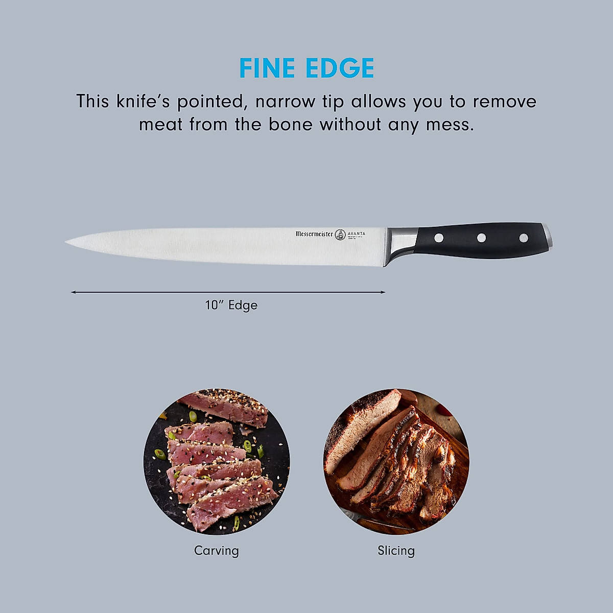 Avanta by Messermeister, Slicer | POM Handle | 10" Premium kitchen cutlery. Stainless steel, Rust resistant, Easy to maintain., Black, (L7688-10)