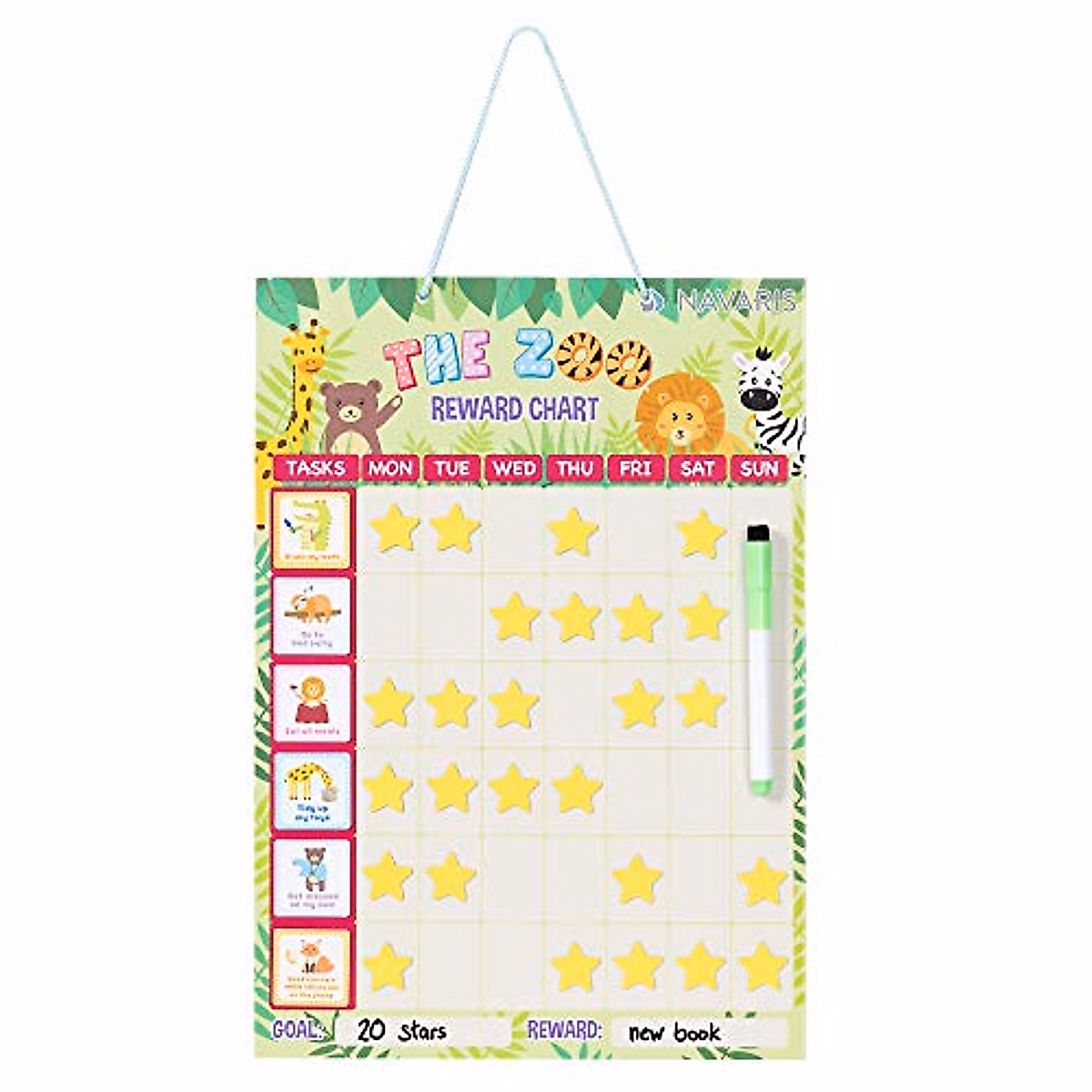 Navaris Kids Magnetic Reward Chart - Behavior Rewards Weekly Bedtime Chore Home Planner for Children - with Stars, Activity Magnets, Pen - Zoo Design