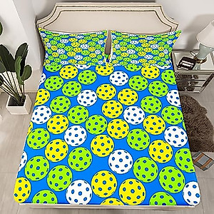 Pickleball Bed Set Ball Sports Themed Teens Sheet Set for Boys Girls Men Yellow White Green Pickleball Bed Sheets Blue Decor Sheets with 1 Pillowcase 3Pcs Bedding Twin