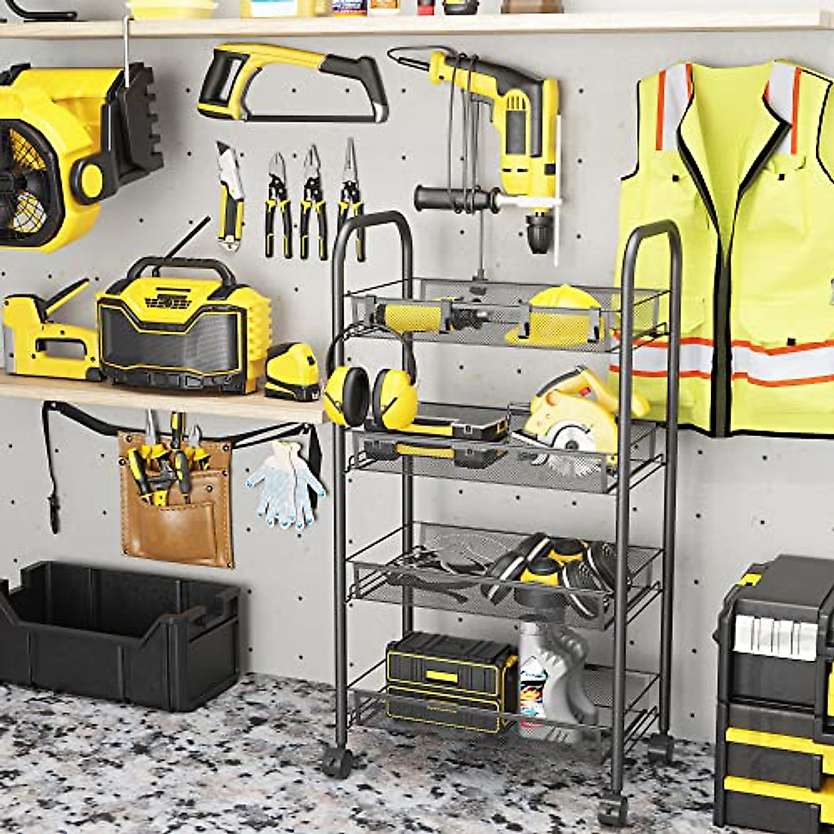 DEVO 4 Tier Metal Mesh Rolling Cart, Storage Organizer cart with 4 Side Hooks, Utility Carts with Lockable Wheels, for Home Kitchen Office Classroom (Black 1)