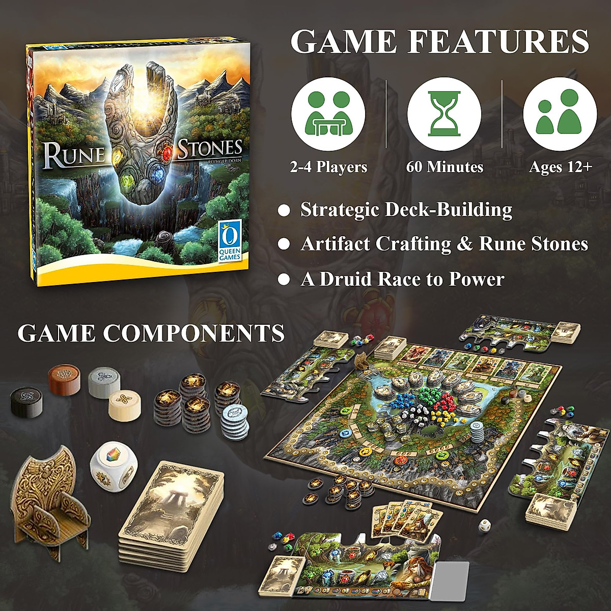 Queen Games Rune Stones Strategy Board Game, 2-4 Players, Family, Adults, Kids Ages 12+, Fantasy Strategy Game