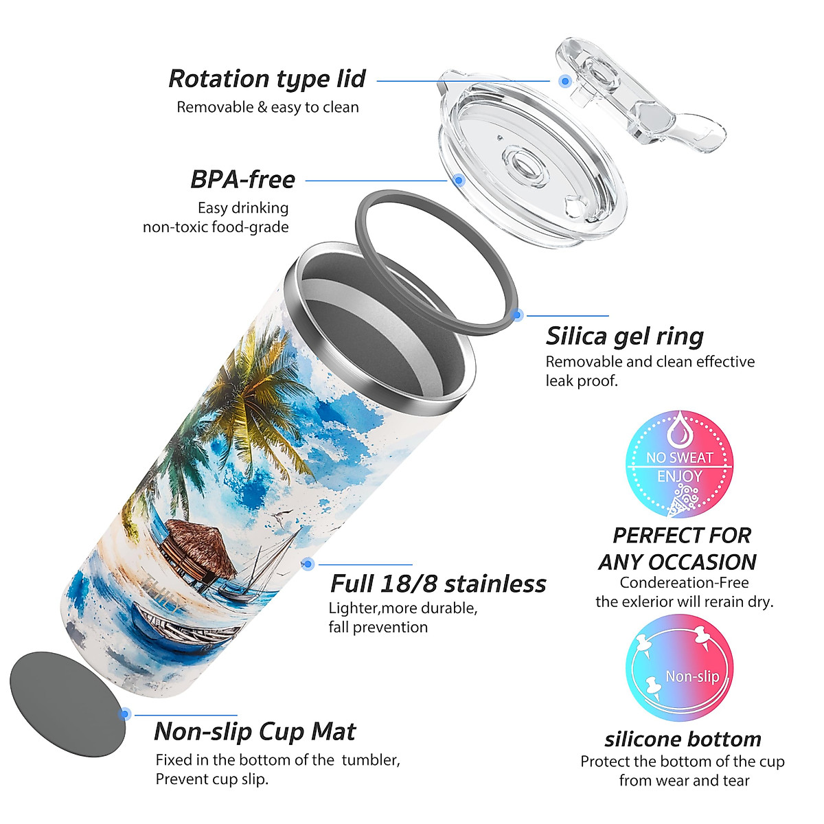 THILY Vacuum Insulated Stainless Steel Tumbler Travel Mug 26 oz Coffee Cup with 2 Lids and Straws, Splash Proof, Reusable, Keep Iced Drinks Cold, Coastal Breeze