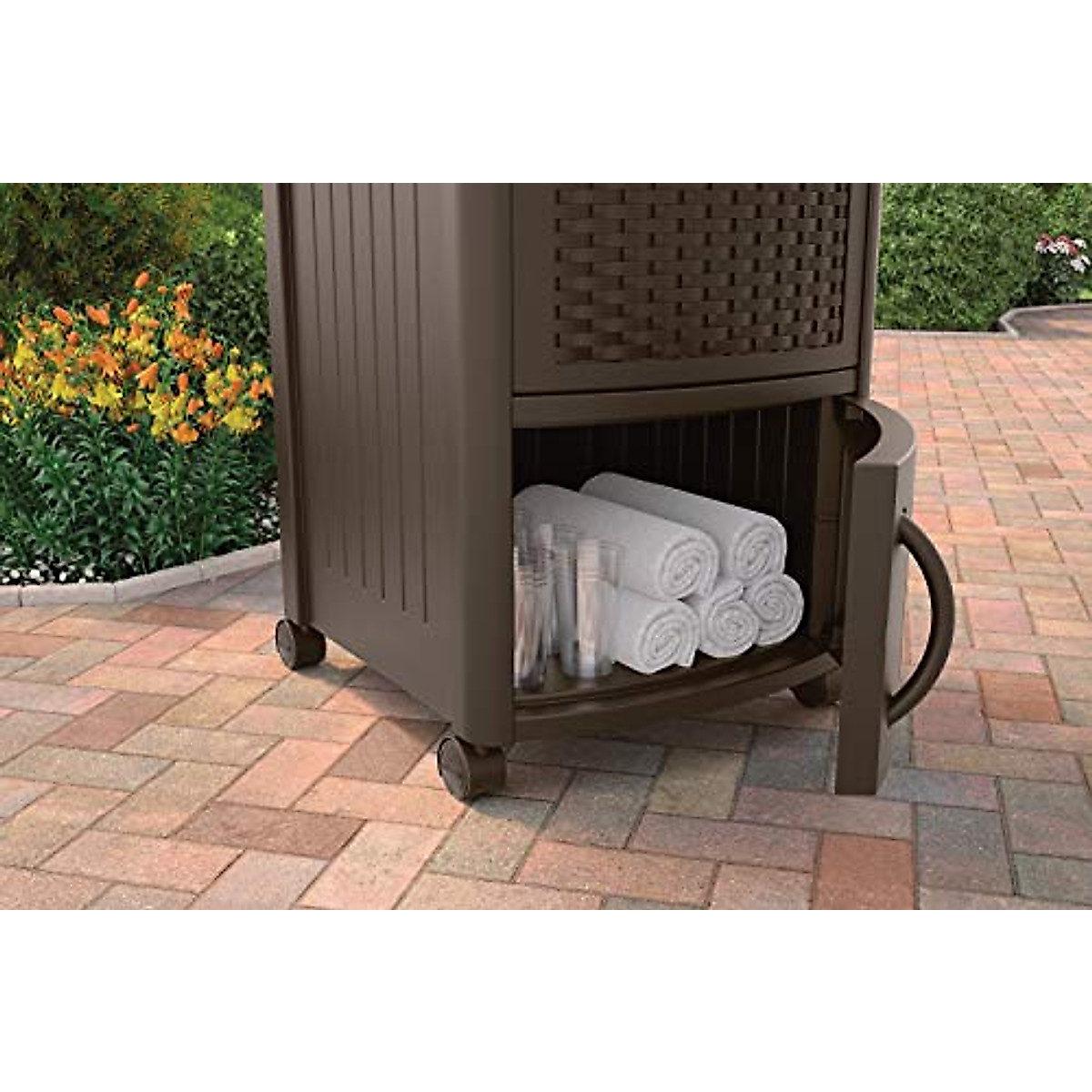 Suncast Resin 77 Quart Wicker-Look Outdoor Patio Cooler with Wheels, Dark Brown