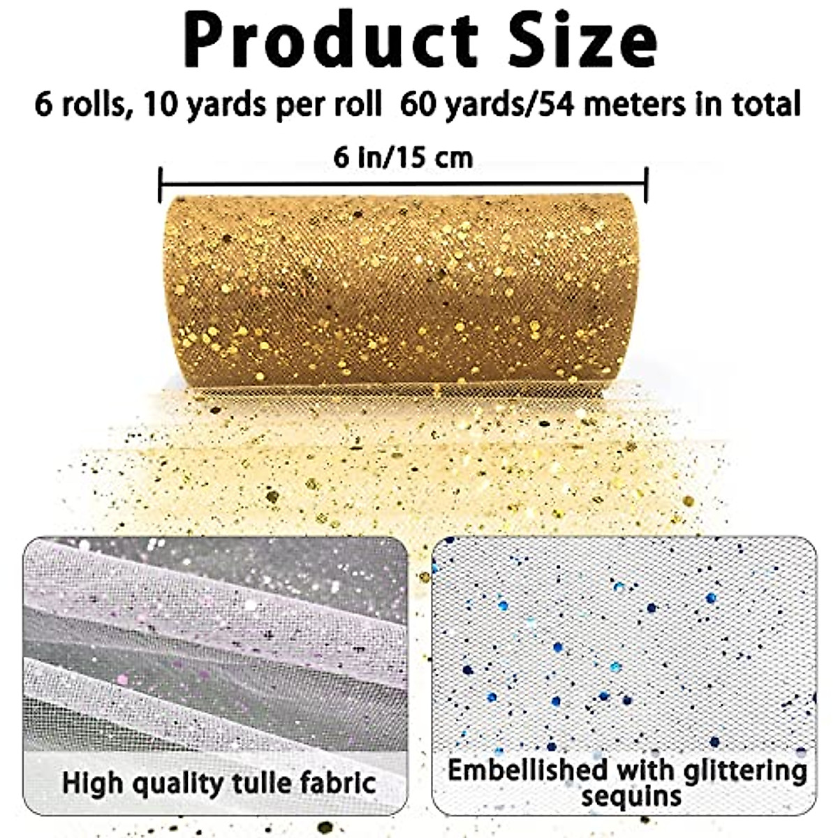 Glitter Tulle Fabric 6 Rolls 6 Inch by 60 Yards Total Sparkle Sequin Mesh Netting Fabric Ribbon Spool for Wedding Birthday Party Baby Shower Decorations DIY Tutus Petticoat Tulle Skirt Table Skirt