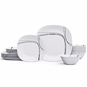 Square Dinnerware Set, MEKY Glassware 18-Piece Service for 6 Plates and Bowls Set, Easy to Clean, Dinner Plates, Dishes, Bowls Set, Modern Line
