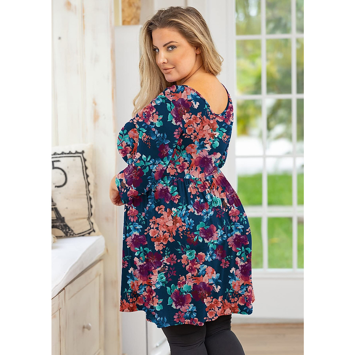 AusLook Plus Size Tunic Tops for Women 3/4 Sleeve Colorful Roses 2X Blouses Crewneck Clothes Pleated Clothing Flowy Babydoll Summer Fall Winter Maternity Shirts