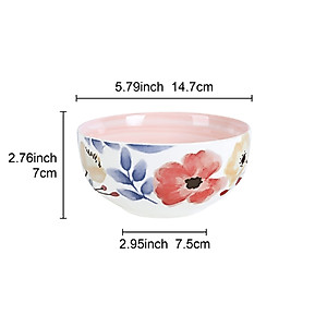 fanquare 24oz Vintage Floral Salad Bowls Set of 4, Pink Porcelain Ramen Bowls, Kitchen Serving Bowls, 6" Cereal Bowls