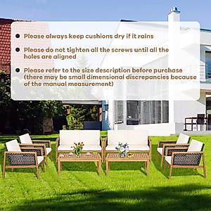 PATIOJOY 4 Pieces Outdoor Acacia Wood Furniture Set, PE Wicker Conversation Set with Coffee Table and Soft Cushions, Sofa for Garden, Poolside and Backyard (1, Off White)