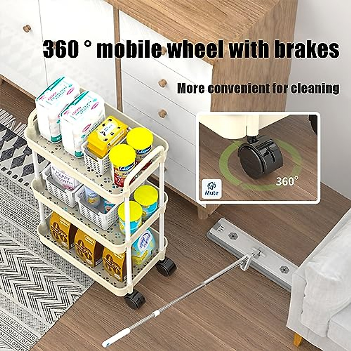 3-Tier Rolling Utility Cart, Rolling Organization Cart with Handles and Lockable Wheels, Easy Assembly Multifunctional Storage Trolley Art Cart for Bathroom, Kitchen, Living Room, Office