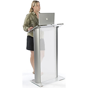 Displays2go Acrylic Podium with Frosted Panel, Modern Church Lectern, Rubber Feet - Clear with Silver (LECTALACF)