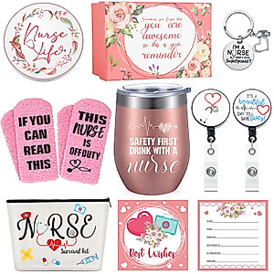 Coume Nurse Gift Box for Women 9 Pieces Nurse Appreciation Gift Set Nurses Customized Wine Tumbler Present Set Thank You Gift for Nursing School Graduation Gifts NICU Nurse Gifts (Rose Gold)