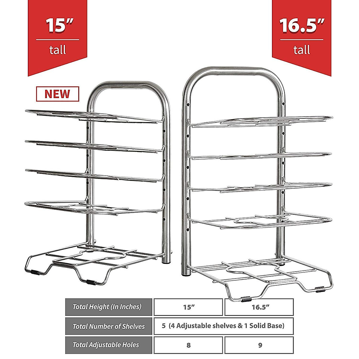 Heavy Duty Kitchen Pot Rack Organizer For Cabinet - Height Adjustable 5-Tier Cast Iron Skillet Cookware Rack - Stainless Steel Pots And Pan Storage Rack Organizer For Cabinet Countertop - 16.5" Tall