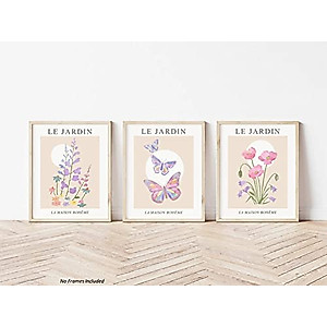 Le Jardin Posters for Room Aesthetic - Unframed Set of 3 (12x16 inch) Danish Pastel Room Decor, Butterfly Wall Art, Boho Wall Decor, Room Decor Aesthetic, Flower Market Posters, Purple Butterfly Pink Poppy Artsy Poster Prints for Living Room Bedroom by za