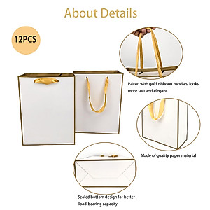 TKSBAG Gift Bags with Handles, 12 Pack 11.3 x 8.6 x 3.9 Gift Bags Medium size, White Gold Thank You Bags for Wedding, Birthday, Bridal shower, bridesmaid, Groomsmen
