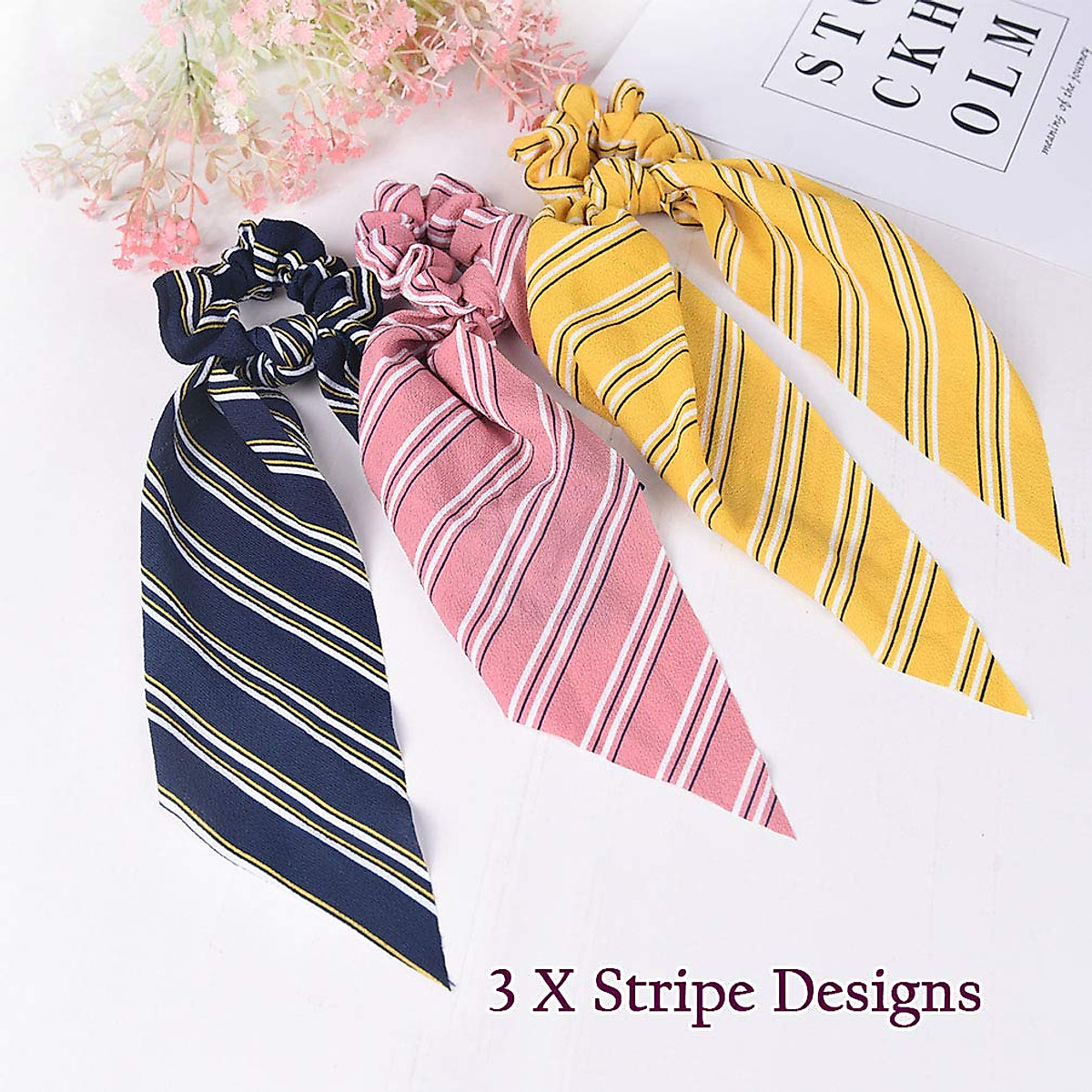 12 Pcs Hair Scarf/ Scrunchies Chiffon Floral Ponytail Holder Scrunchy Bands Ties 2 in 1 Vintage Accessories for Women Girls