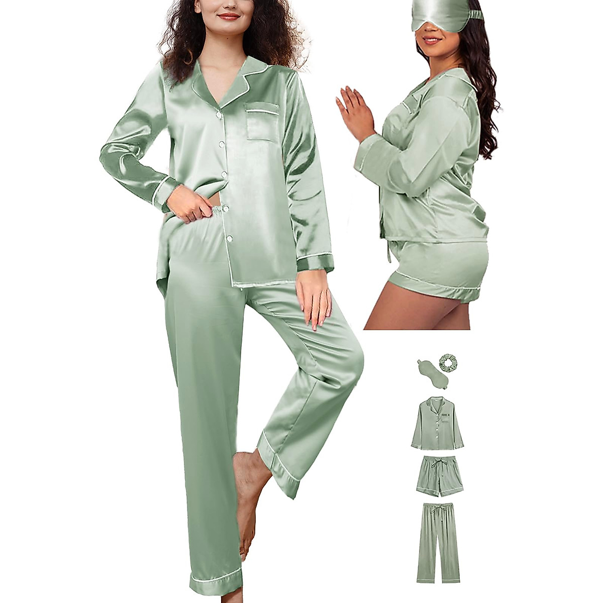 WJing Yi Jia 5Pcs XS-XXL Womens Silk Satin Pajamas Sets Long Pj Sets Button Down Pjs Set Loungewear Sleepwear