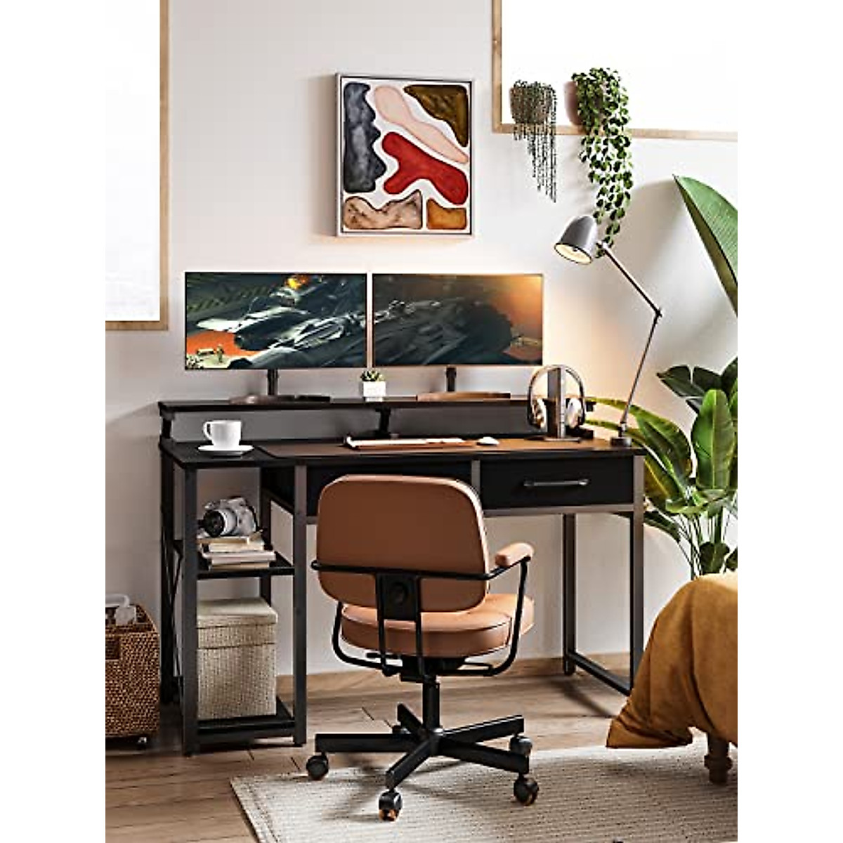 ODK Computer Desk with Drawers, 48 Inch Office Desk with Storage & Shelves, Work Writing Desk with Monitor Stand Shelf, Black Home Office Desks for Small Spaces