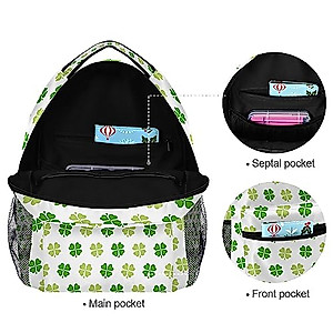 Backpack Patrick's Day Clover Leaves Shamrock Green White Daypack Shoulder Bag with Name Label Tag for Travel Hiking Casual Camping Sports Gym