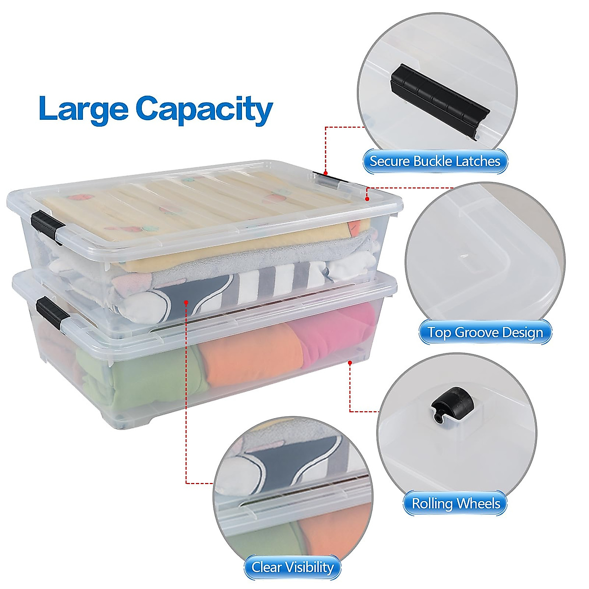 Hespama 3-Pack 50 Quart Plastic Underbed Storage Container Box, Large Clear Under Bed Storage Bins with Wheels