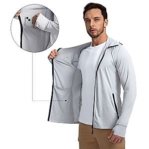 Sejuani Men's UPF 50+ Light Jacket Full Zip Sun Protection Hoodie Long Sleeve Sun Shirts for Men Hiking Fishing Zip Pockets(Light Grey_L)