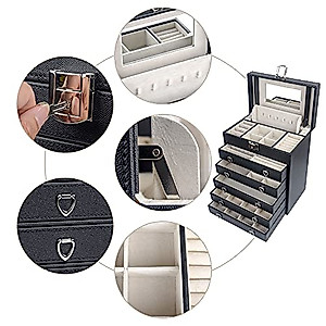 Kendal 6 Layer Large Leather Jewelry Box for Women, Lockable Jewelry Organizer Box with Mirror for Necklaces, Rings, Bracelets Jewelry, Ideal Gifts for Family Girlfriend LJC09BK
