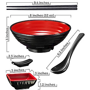 Unbreakable Ramen Bowl Set with Chopsticks and Spoon: 2 large Japanese Style Melamine Ramen Bowls, Dipping Bowls and Chopstick Stands for Asian Pho Soup Thai Miso Udon Wonton (2 Bowl Set, Red-Black)