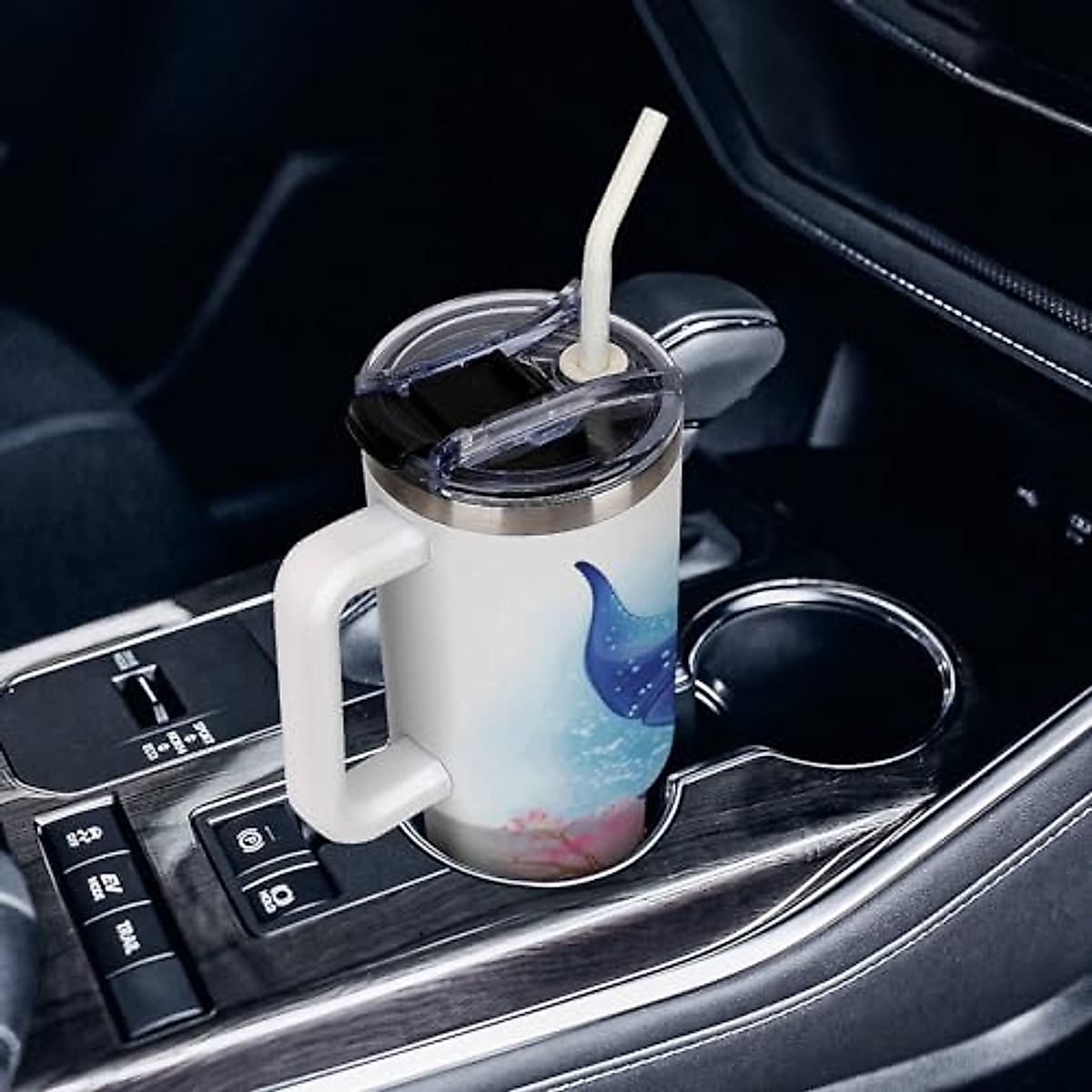 WYUSPGK 40oz Stainless Steel Car Mug, Sea Animals Stingrays Print Travel Mug, Double-Wall Insulated with Straw, Perfect for Car, Office, Outdoor