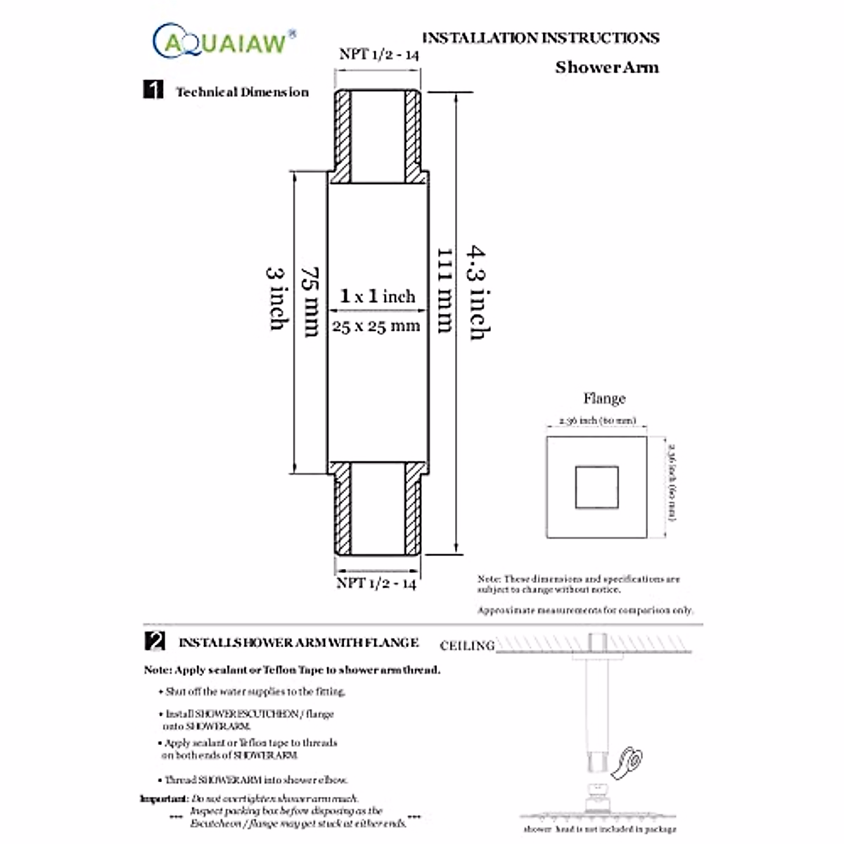 Aquaiaw Square Shower Arm and Anti-Scratch O-Ring Flange, 3 inch, Solid Brass, Both Soldered 1/2 NPT Tapered Threads, Straight Rainfall Shower Head Arm Extension, Ceiling Mount (Matte Black)