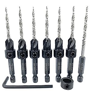 FTG USA Countersink Drill Bit Set 6 Pc #6 (9/64") Wood Countersink Drill Bit, Pro Pack Countersink Bit, 1 Extra Tapered Drill Bit for Countersink, 1 Stop Collar, 1 Hex Wrench