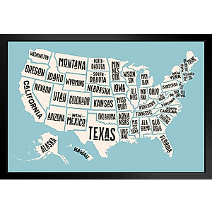 USA United States Map States With State Names Decorative Travel World Map with Detail Map Posters for Wall Map Art Wall Decor Geographical Illustration Tourist Black Wood Framed Wall Art 20x14